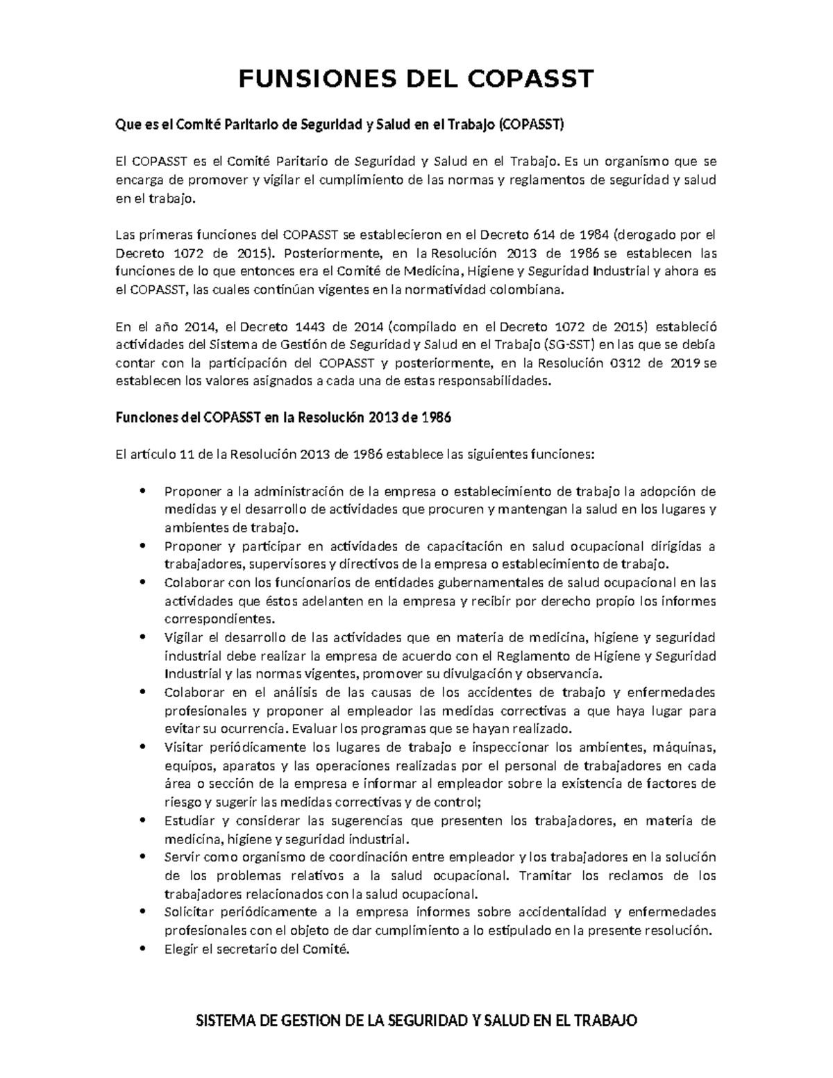 Funciones del COPASST: Seguridad y Salud en el Trabajo - Studocu