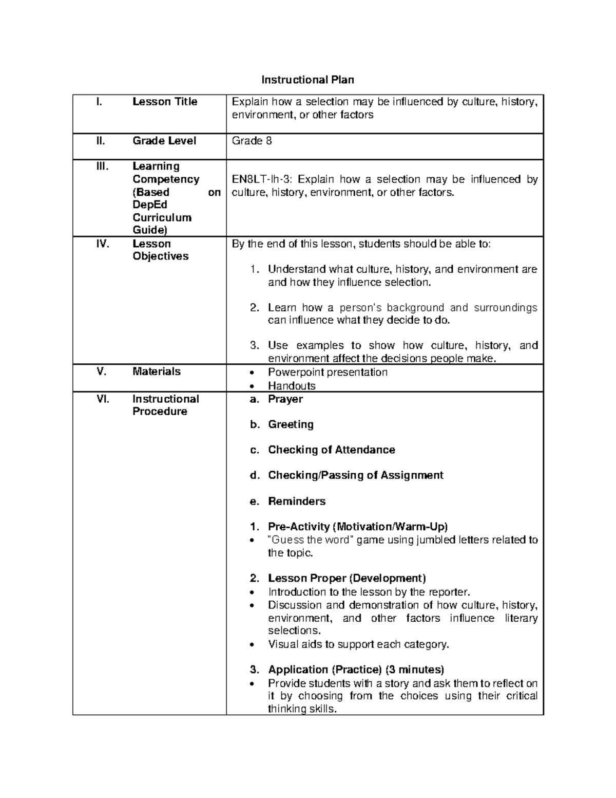 Grade 8 Lesson Plan: Influences on Selection (EN8LT-Ih-3) - Studocu