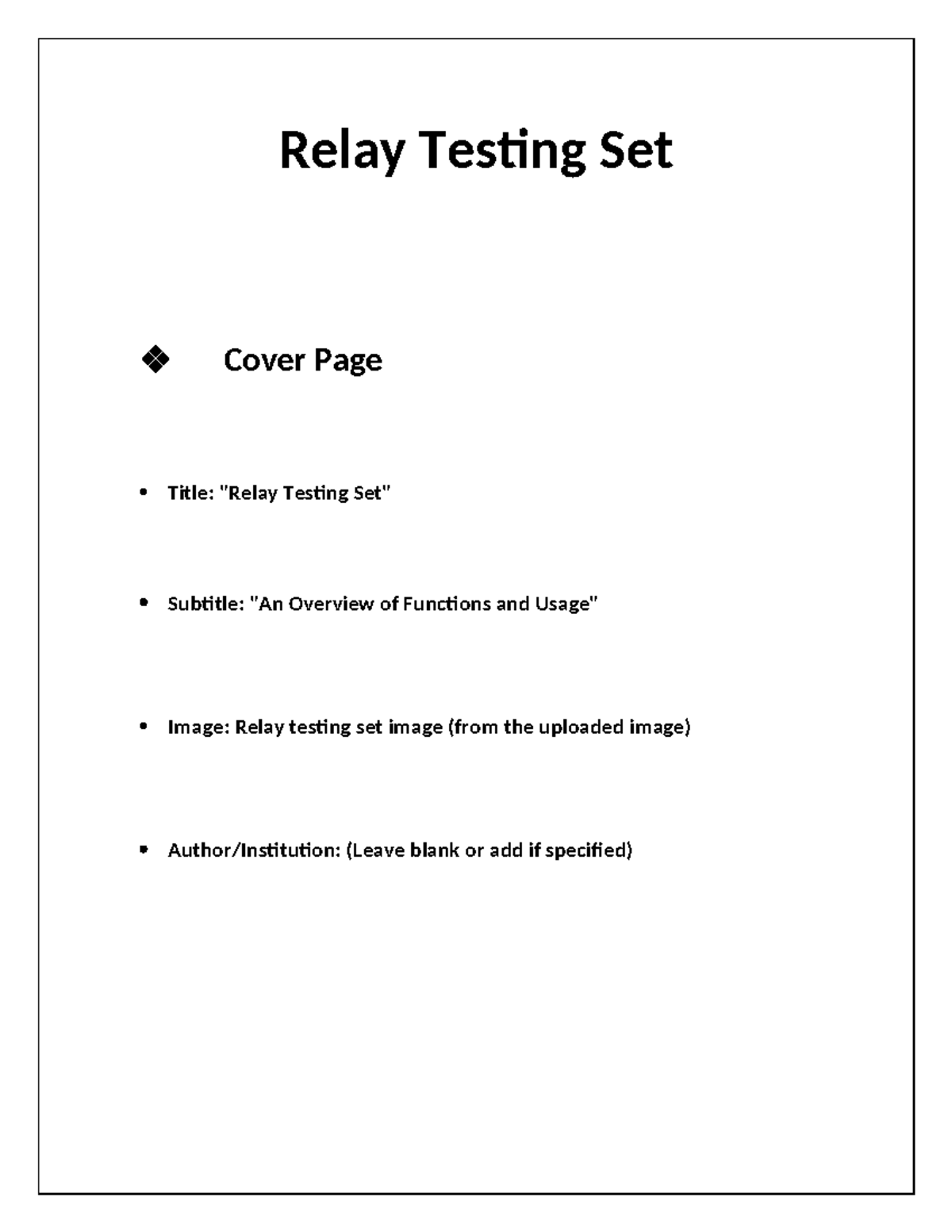 Athray - yrszxx - Relay Testing Set Cover Page Title: "Relay Testing ...