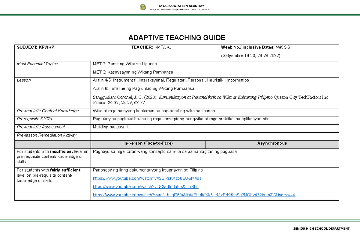 ATG Kpwkp Q1 Lesson WK5-6: Gamit ng Wika sa Lipunan - Studocu
