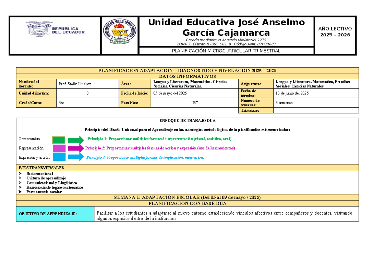 Planificación Microcurricular Trimestral 2025-2026 - Unidad Educativa 07H00687 - Studocu