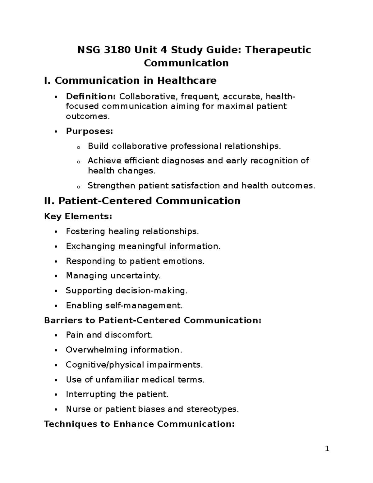 NSG 3180 Unit 4 Study Guide: Enhancing Therapeutic Communication - Studocu
