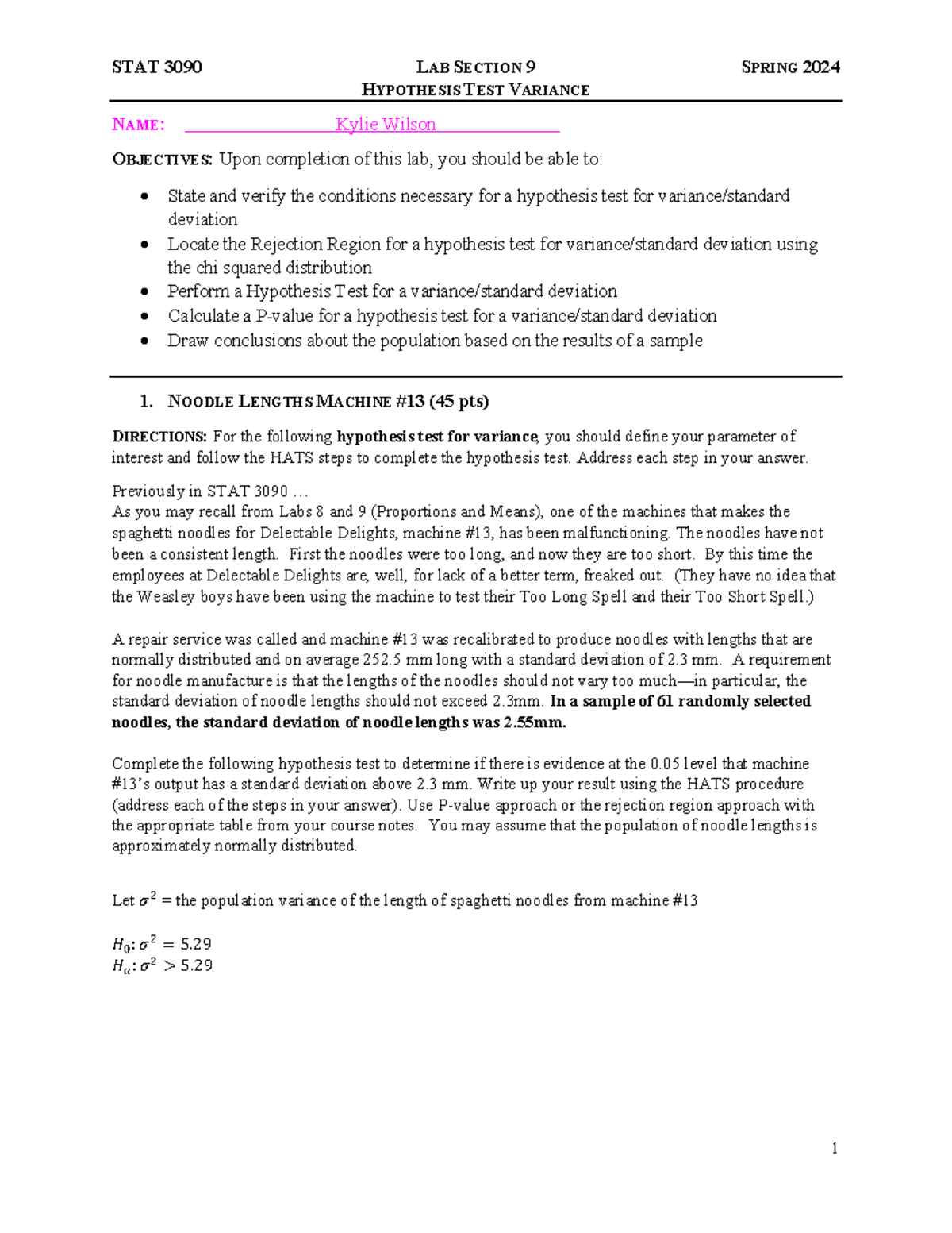 STAT 3090 Lab 9: Hypothesis Testing for Variance - Spring 2024 - Studocu