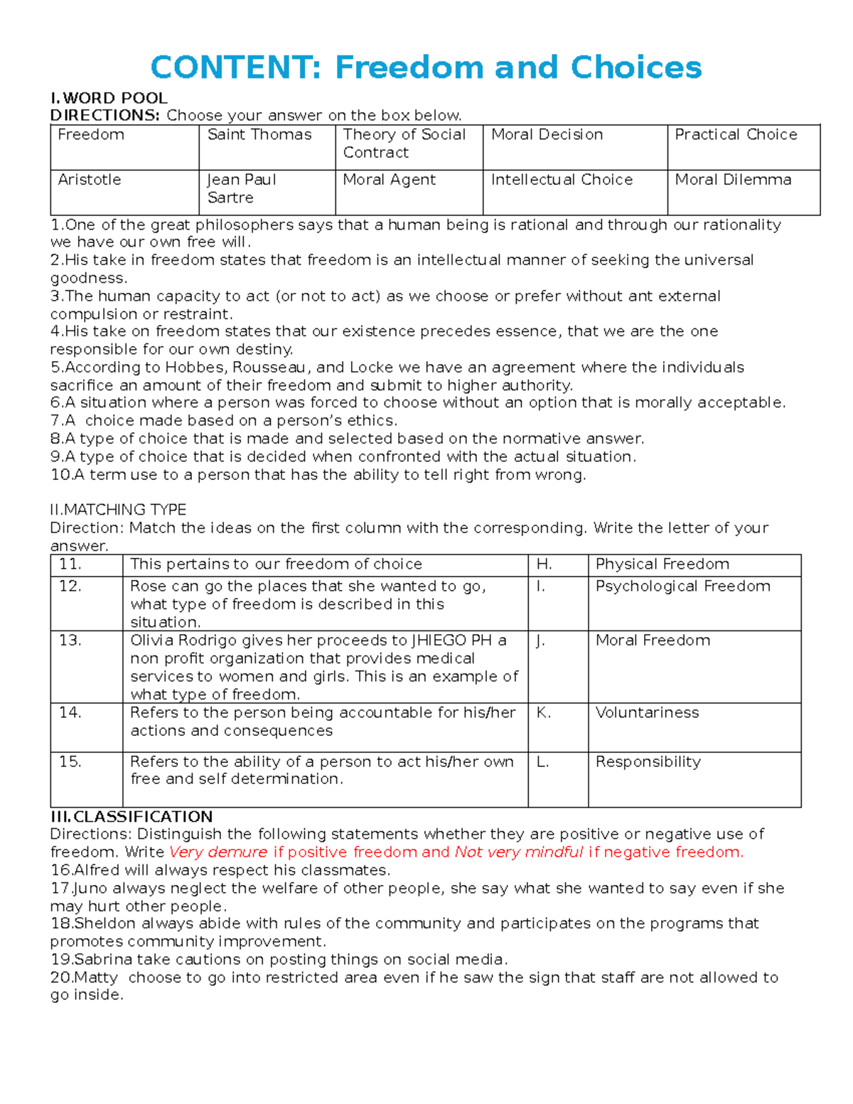 Modular ACT 3 - CONTENT: Freedom and Choices I POOL DIRECTIONS: Choose ...