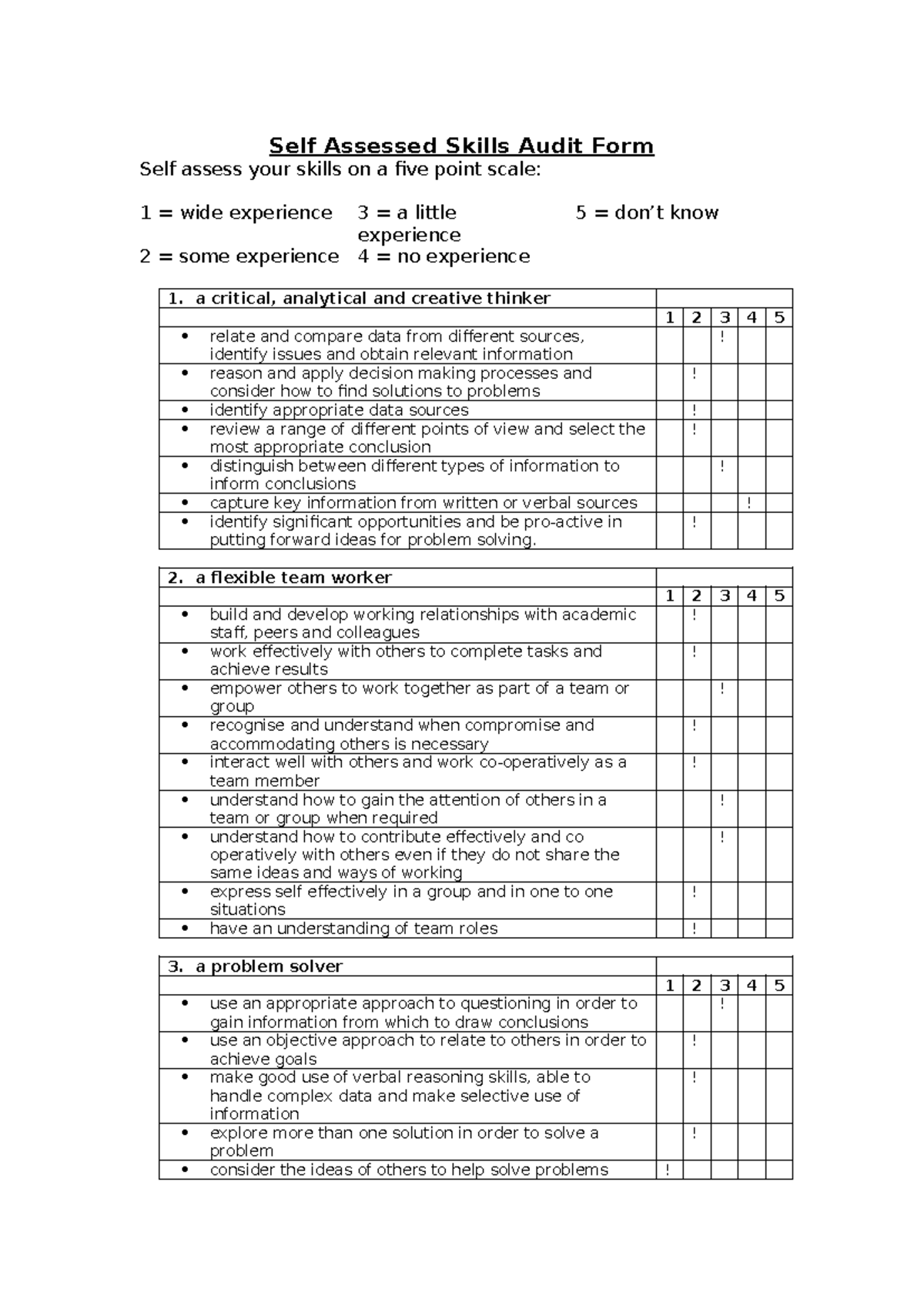 Skills Audit Form: Self-Assessment of Key Competencies - Studocu