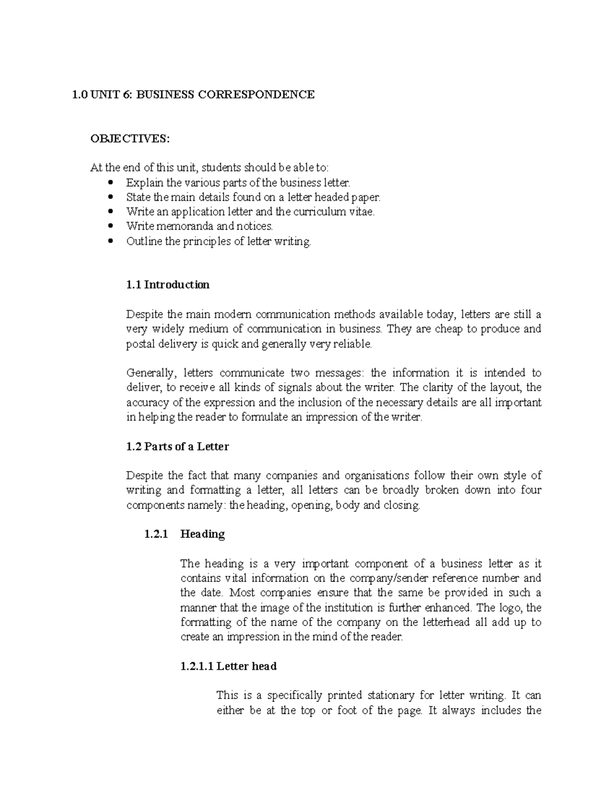Letter, MEMO AND Notice Writing - 1 UNIT 6: BUSINESS CORRESPONDENCE ...