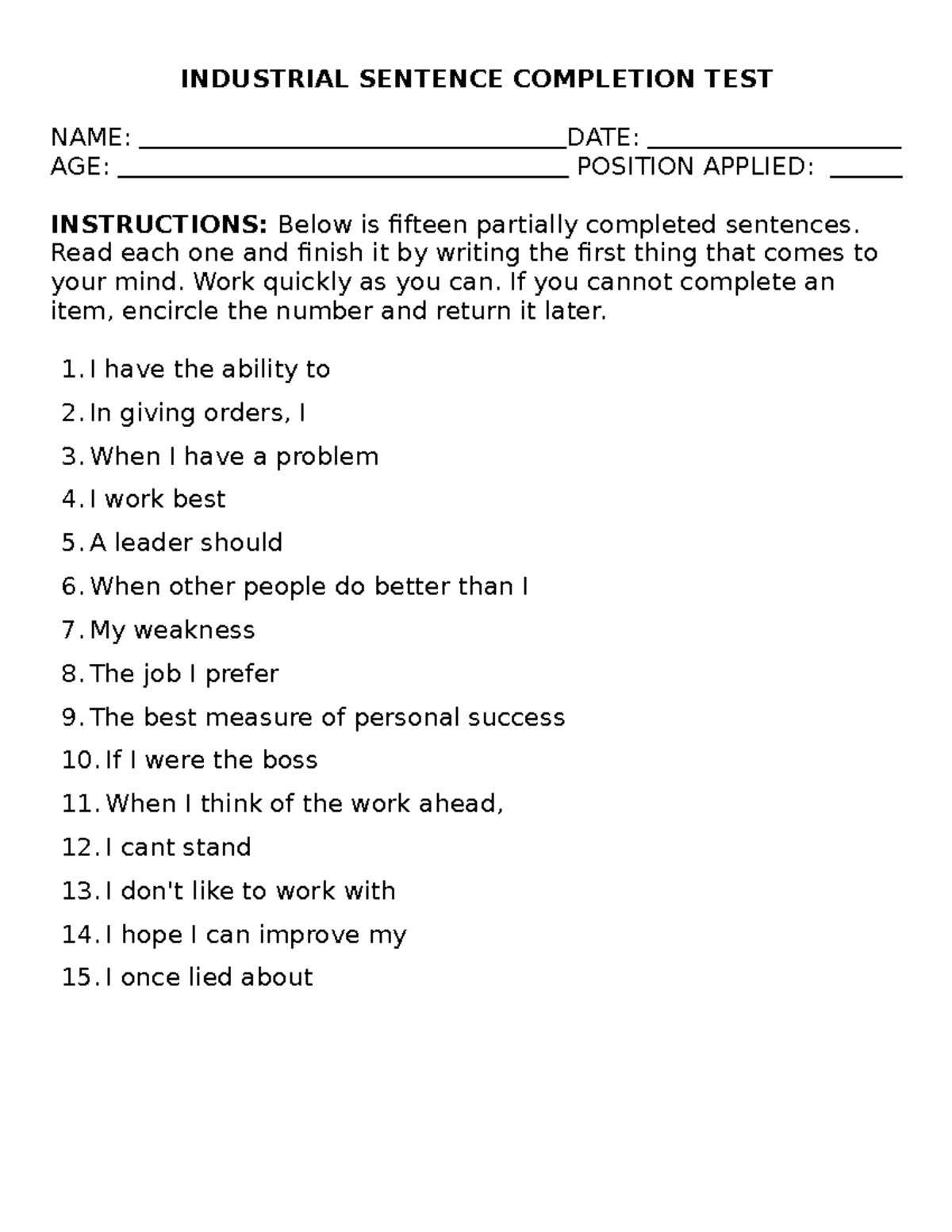 Industrial Sentence Completion Test - ISCT - Practice Worksheet - Studocu