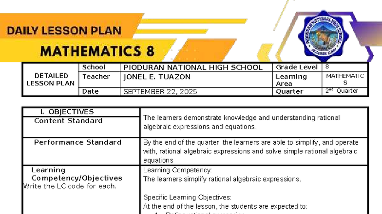 Q2-DLP3: Detailed Lesson Plan on Simplifying Rational Expressions for ...