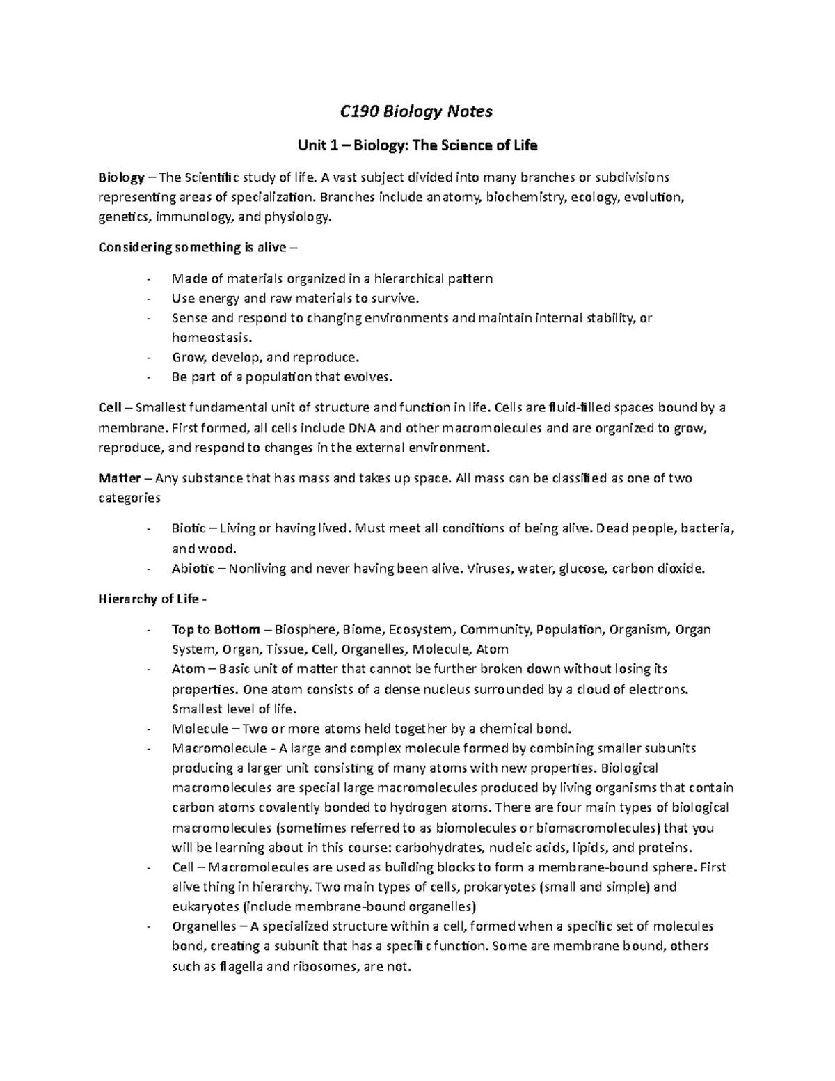 C190 Biology Final Exam Notes: Comprehensive Overview of Key Concepts ...