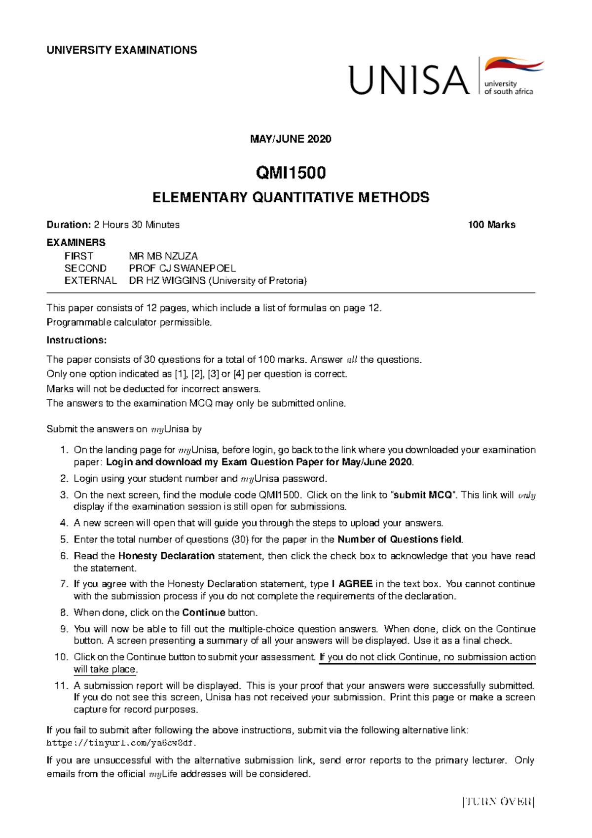 QMI1500 May/June 2020 Final Exam Paper - Elementary Quantitative ...