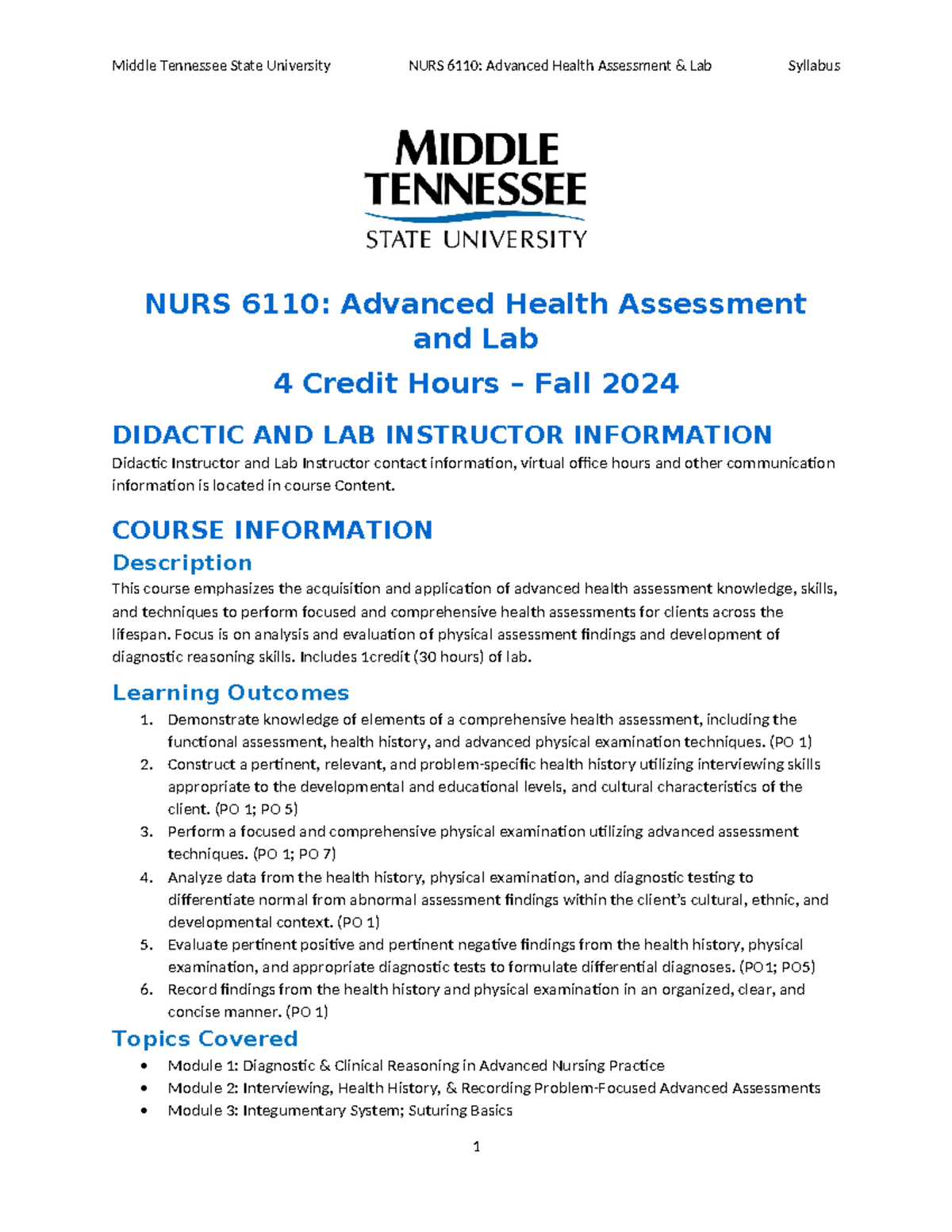 NURS 6110: Advanced Health Assessment Lab Syllabus - Fall 2024 - Studocu