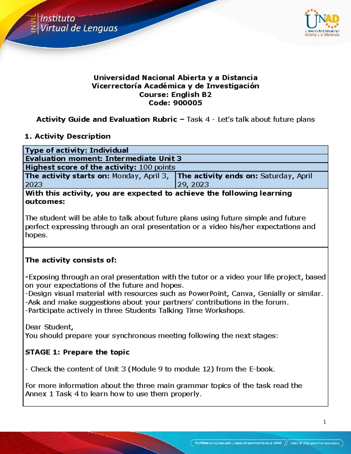 Activity Guide & Evaluation Rubric - English B2 - Task 4: Future Plans ...