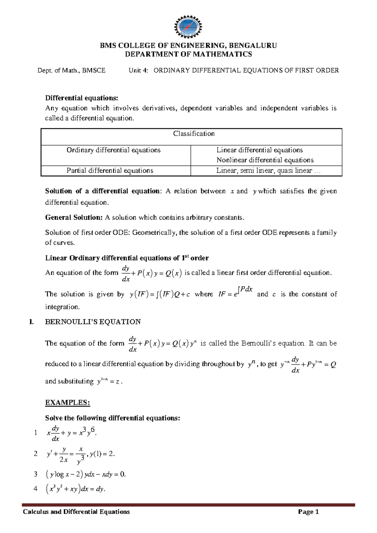 Unit 4: Ordinary Differential Equations of First Order (21MA1 Bscde ...