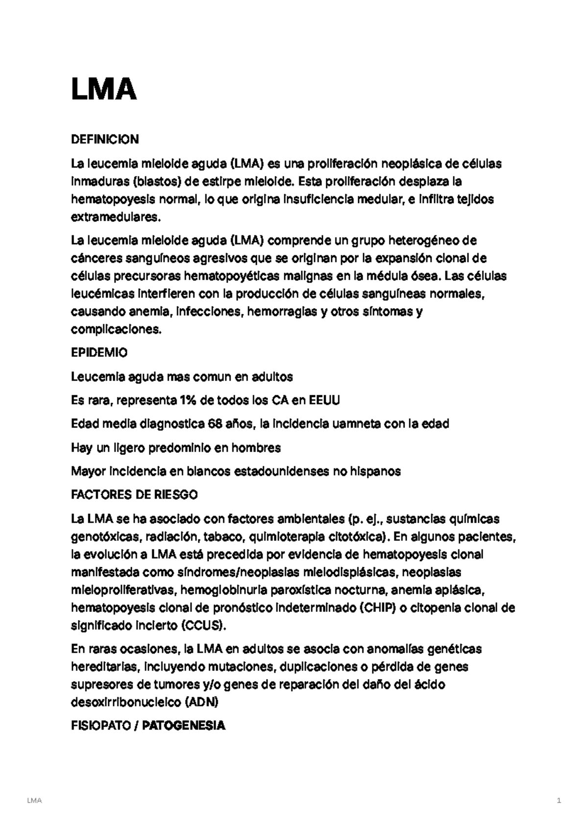LMA - Resumen sobre Leucemia Mieloide Aguda y su Patogénesis - Studocu