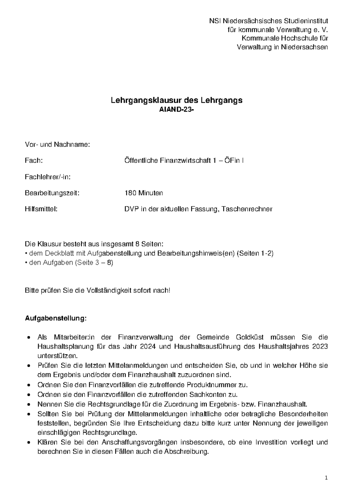 HUK AIAND 23 Übungsklausur zur Öffentlichen Finanzwirtschaft - Studocu