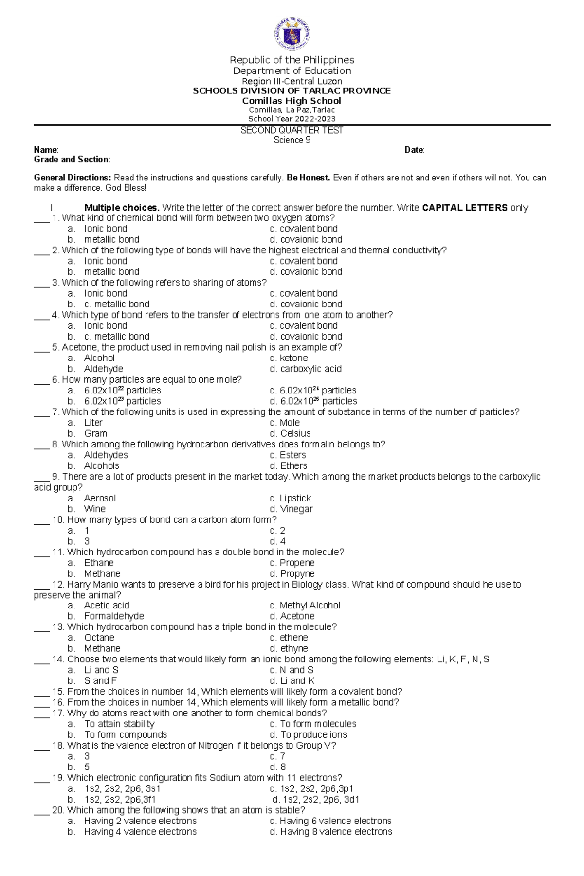 2nd Quarter Exam Review for Science 9 Students - Studocu