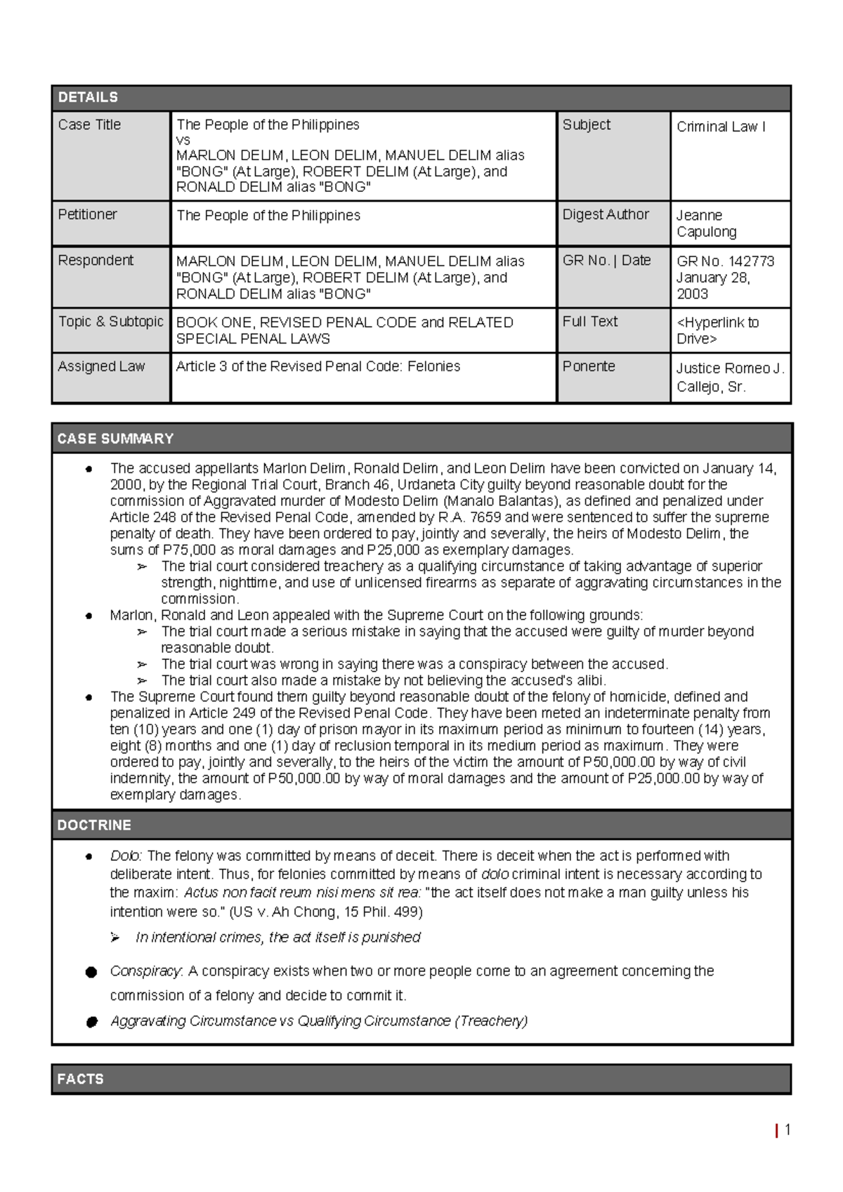 People of the Philippines vs. Delim: Case Digest on Homicide (Crim Law ...