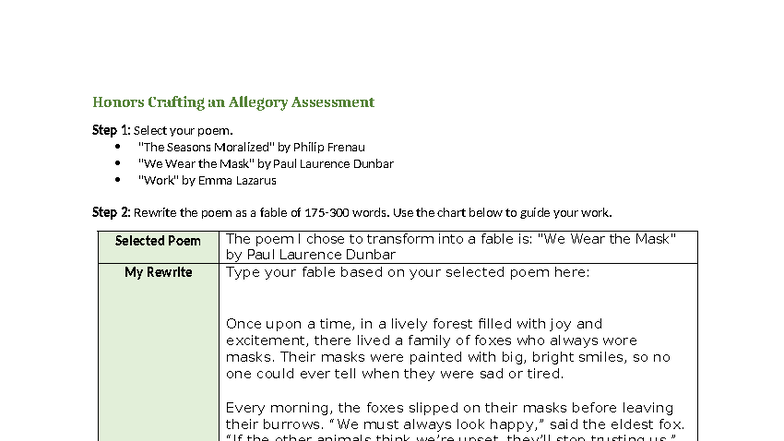 Honors Crafting an Allegory Assessment Rubric - Studocu