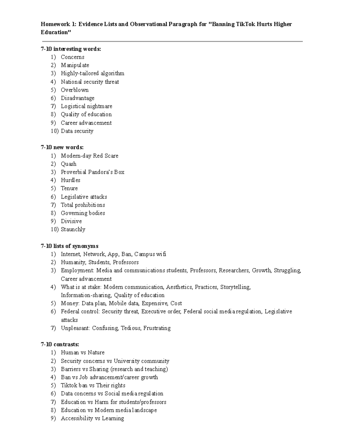 Homework 1 Evidence Lists and Observational Paragraph - Homework 1 ...