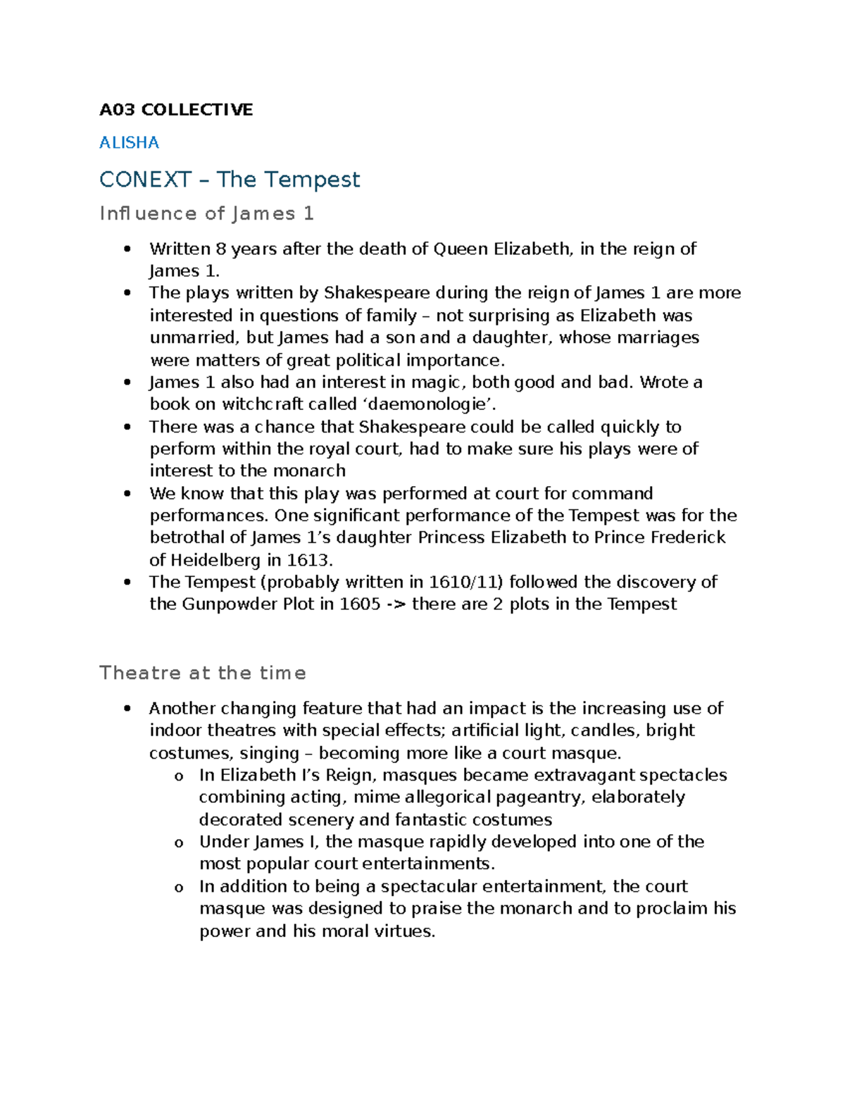 A03 Final Exam Notes on The Tempest: Themes, Context, and Characters ...