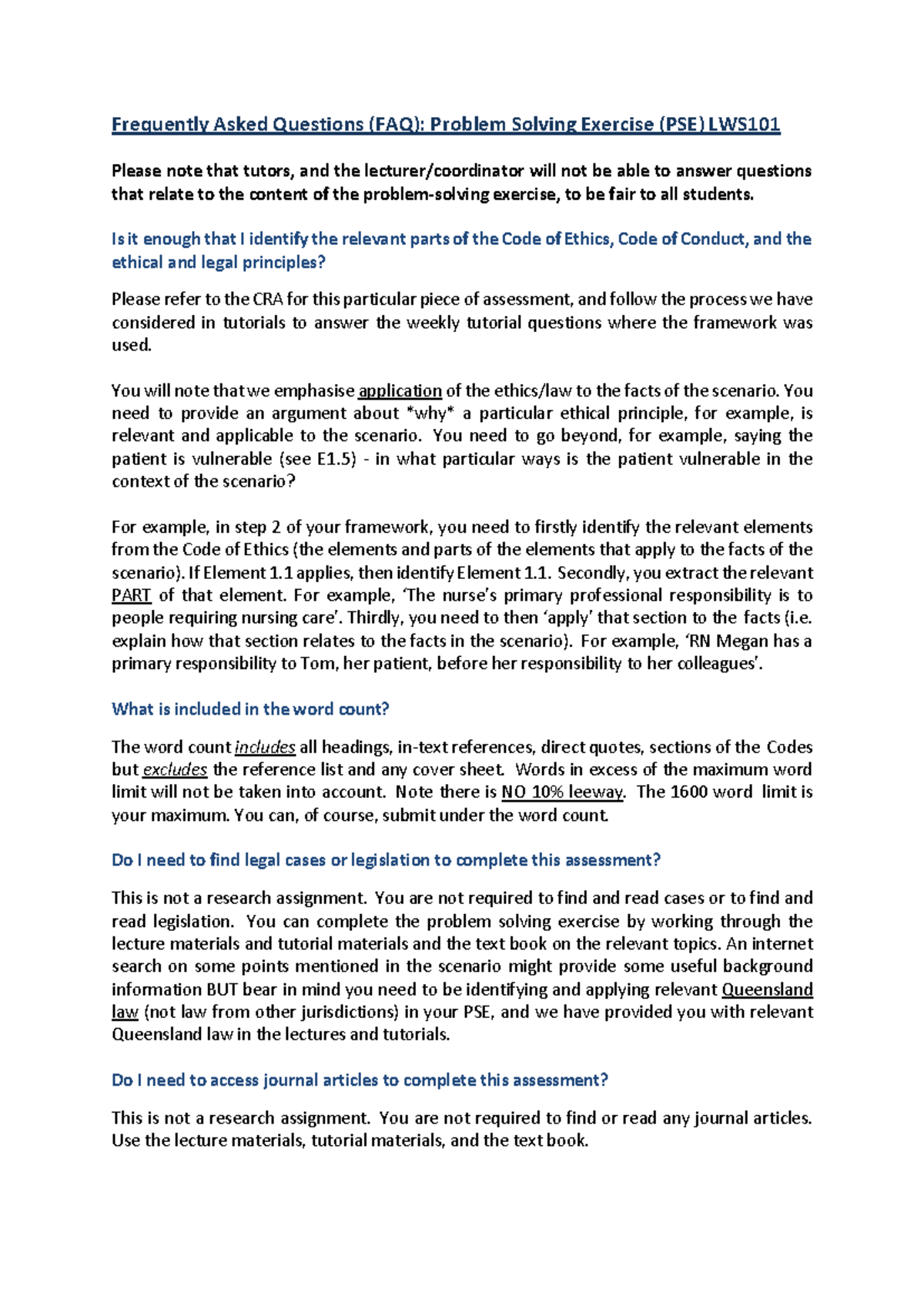 LWS101 - FAQ: Problem Solving Exercise Assessment Guidance - Studocu