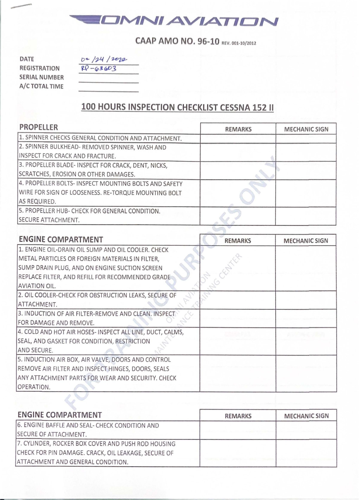 100-Hours Inspection Checklist for Cessna 152 II (OMNI AVIATION) - Studocu