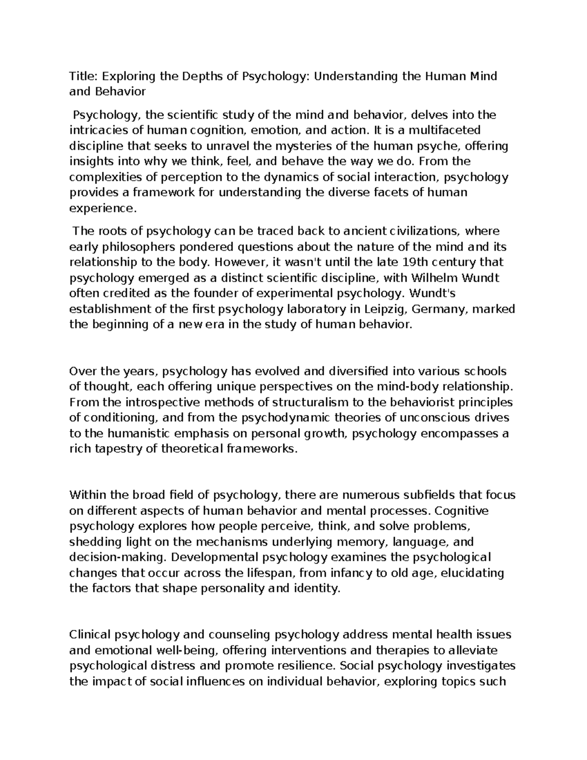 Psychology essay - Title: Exploring the Depths of Psychology ...
