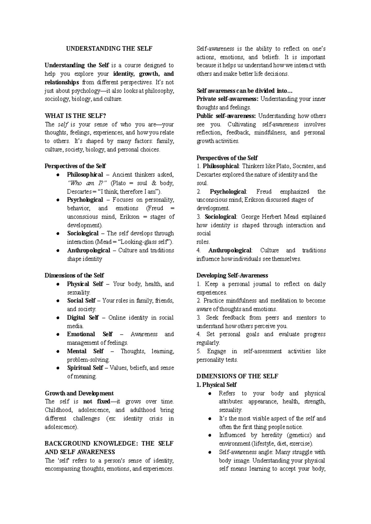 Understanding the Self: Identity, Growth, and Perspectives - Studocu