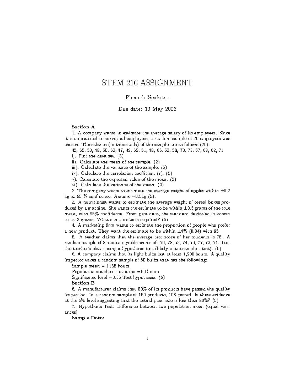 STFM 216 Group Assignment: Statistical Analysis Practicals - Studocu