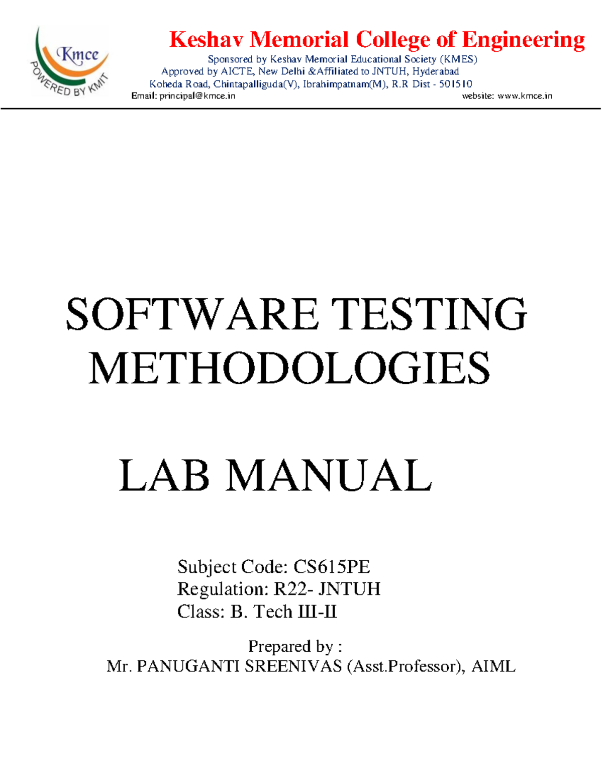 CS615PE Lab Manual: Software Testing Methodologies - B. Tech III-II ...