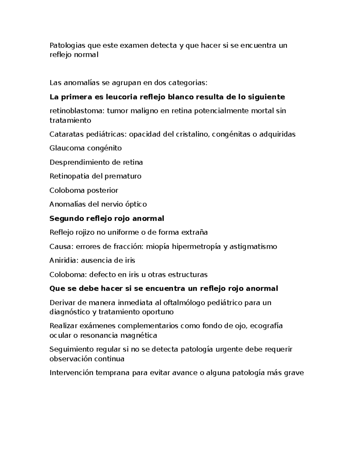 Patologías del reflejo rojo y su manejo en el examen clínico - Studocu