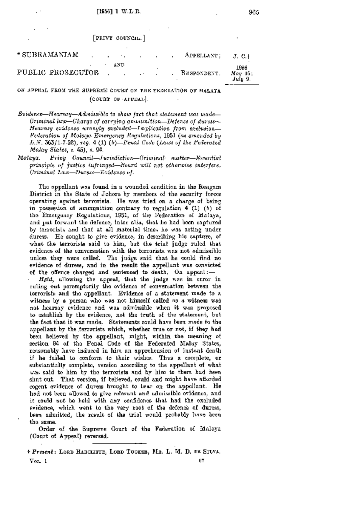Subramaniam v Public Prosecutor - [1956] 1 W.L. 965 [PRIVY COUNCIL ...