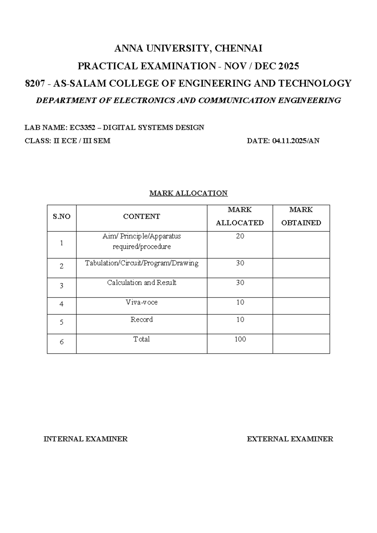 ANNA UNIVERSITY ECE II SEM Practical Exam Schedule NOV DEC 2025 - Studocu