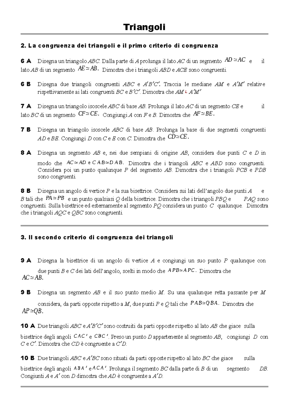 Teoremi-Triangoli: Congruenza e Criteri di Congruenza 6A-10B - Studocu