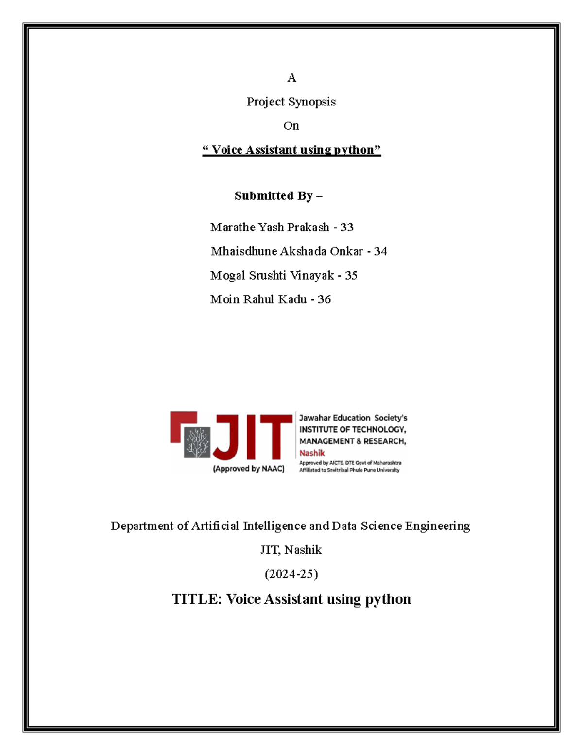 AI-DS 849360206: Project Synopsis on Voice Assistant Using Python - Studocu