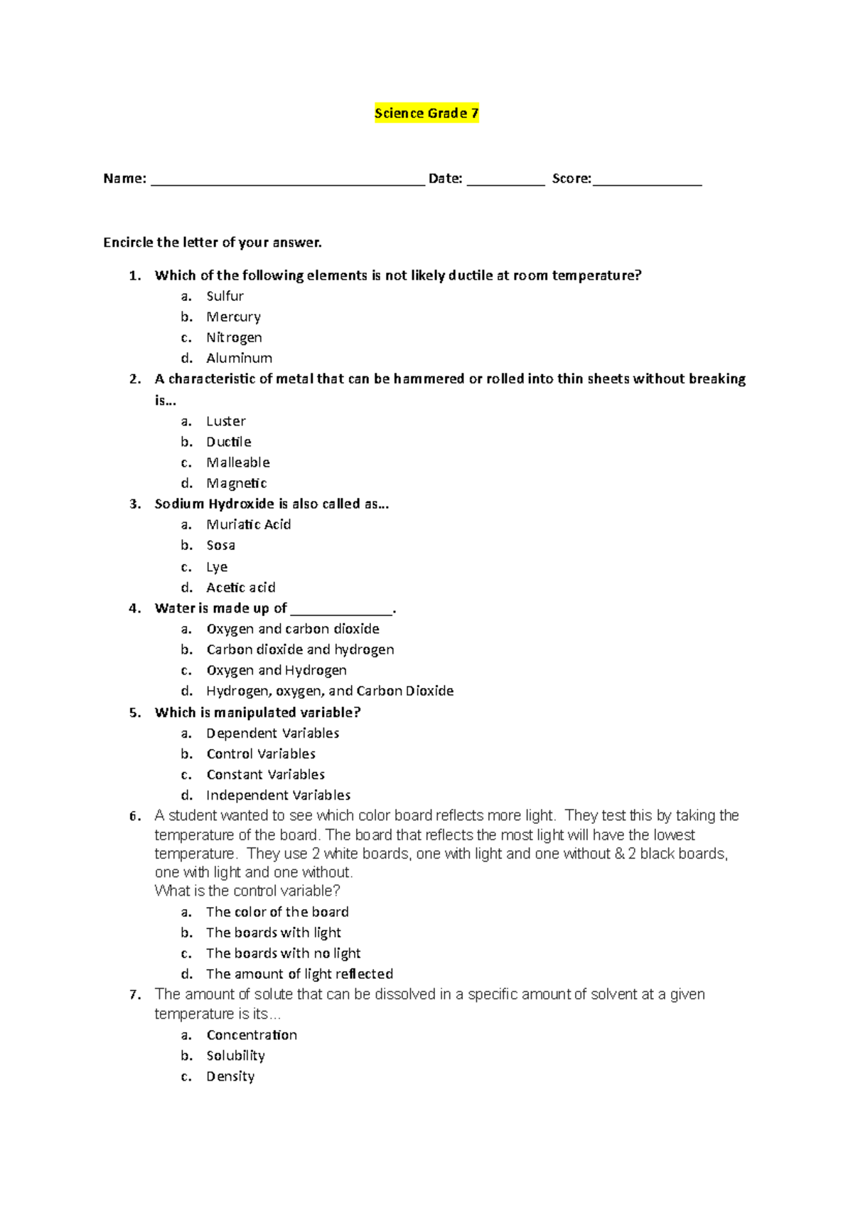 Science-Grade-7 - Summative test from first quarter to 4th quarter ...