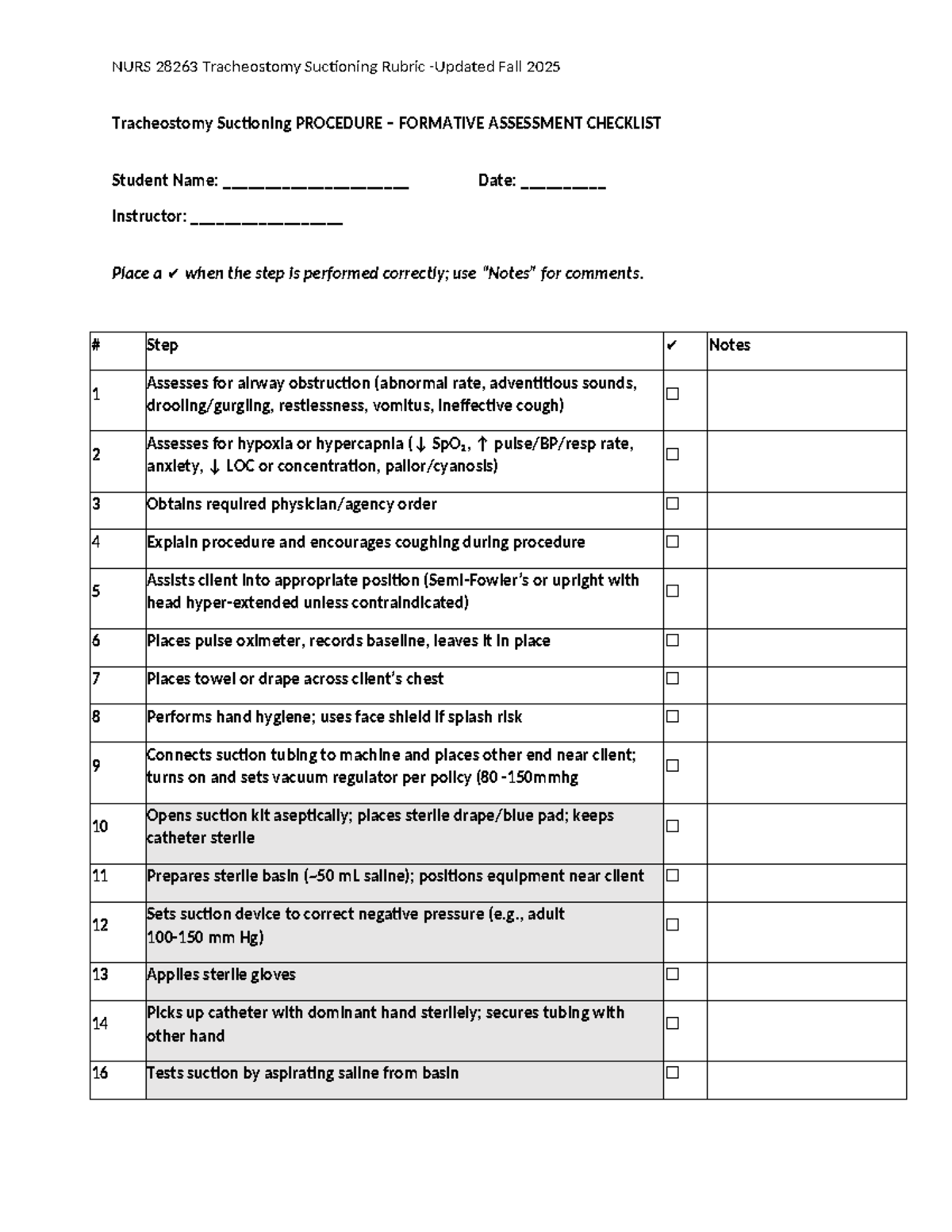 NURS 28263 Tracheostomy Suctioning Formative Assessment Checklist - Studocu