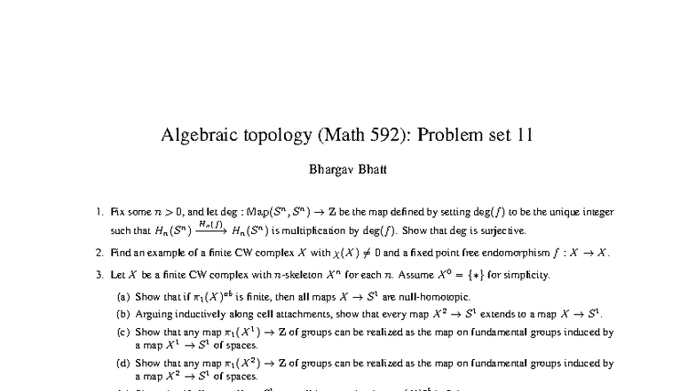 Algebraic Topology (Math 592): HW11 Problem Set Solutions - Studocu