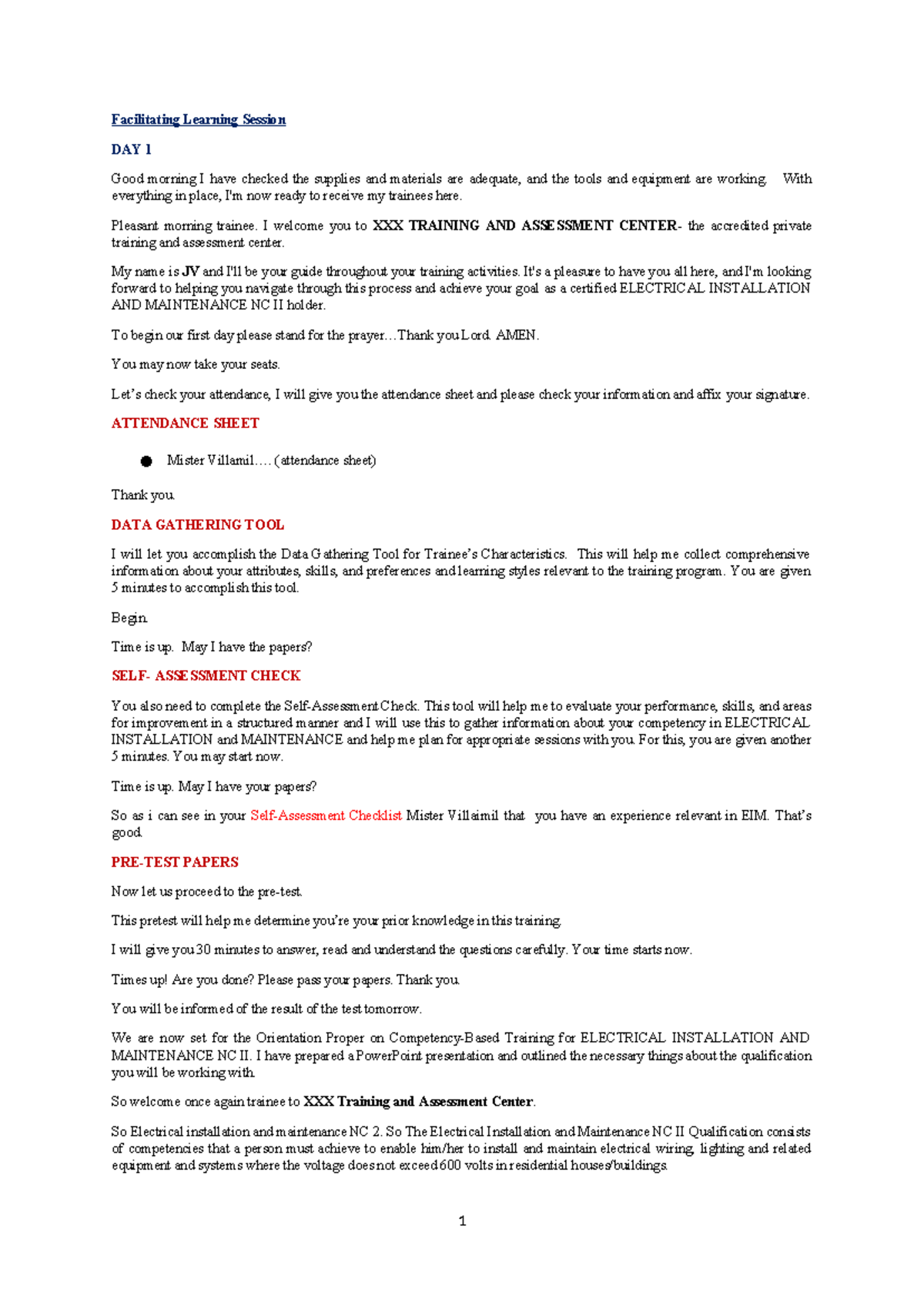 Training Session Overview: Day 1 for EIM NC II Certification - Studocu