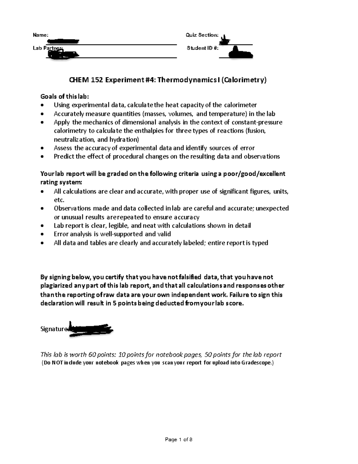 Thermo 1 Report - Ishleen Kaur CH Lab Partner: Student ID #: Simon ...