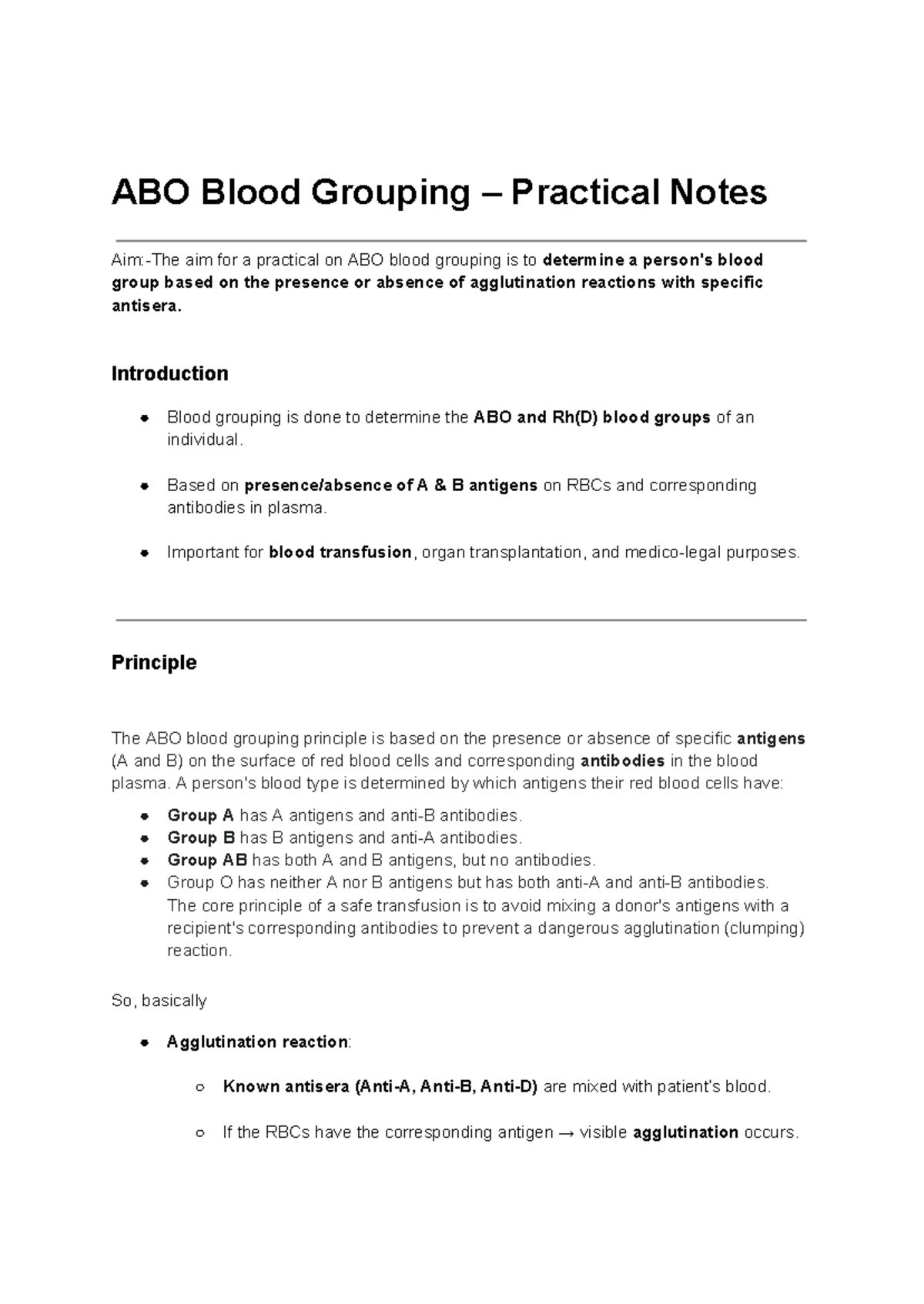 ABO Blood Grouping Practical Notes for Lab Work - Studocu
