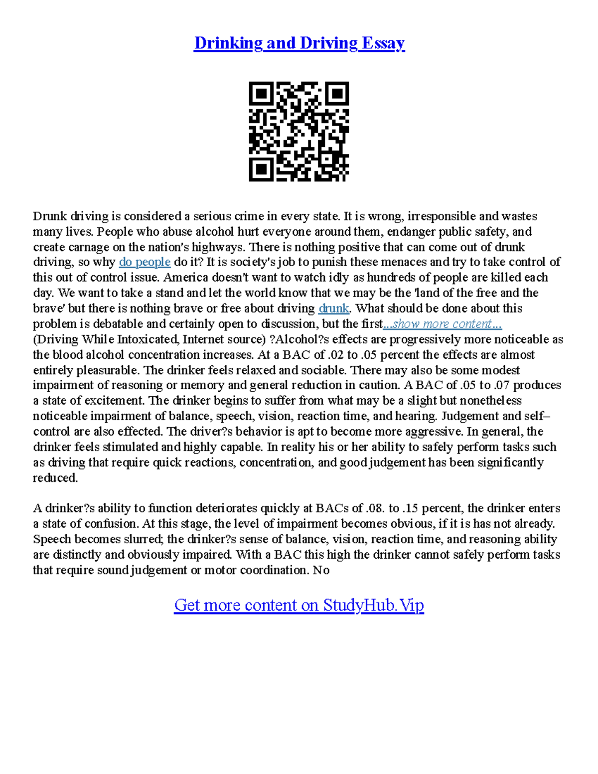 Drinking And Driving Essays - Drinking and Driving Essay Drunk driving ...