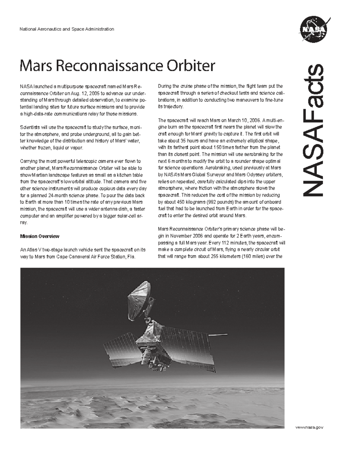 Fact Sheet: Mars Reconnaissance Orbiter (MRO) Mission Overview - Studocu