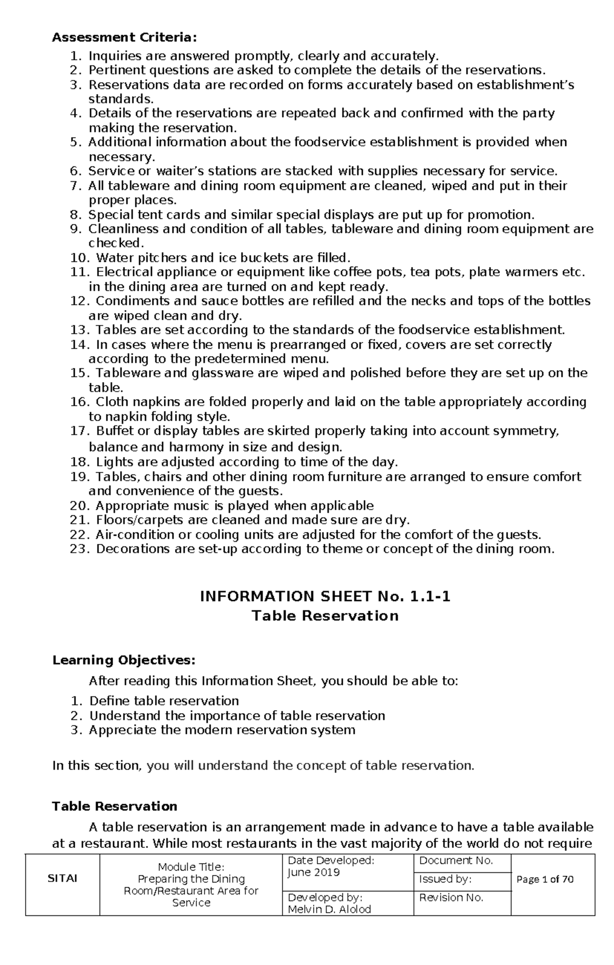 Information Sheet - Waiter Reference Book - Assessment Criteria: 1 ...