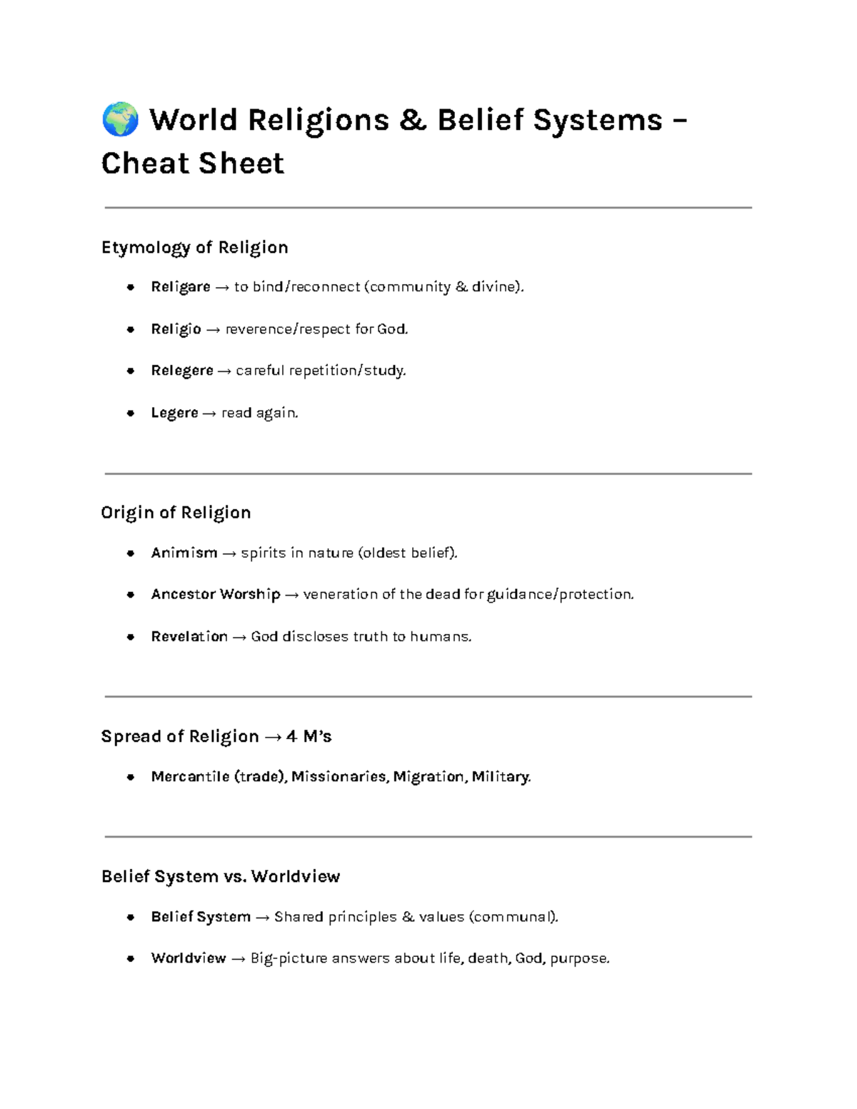 World Religions Cheat Sheet: Belief Systems & Key Concepts (1ST SEM ...