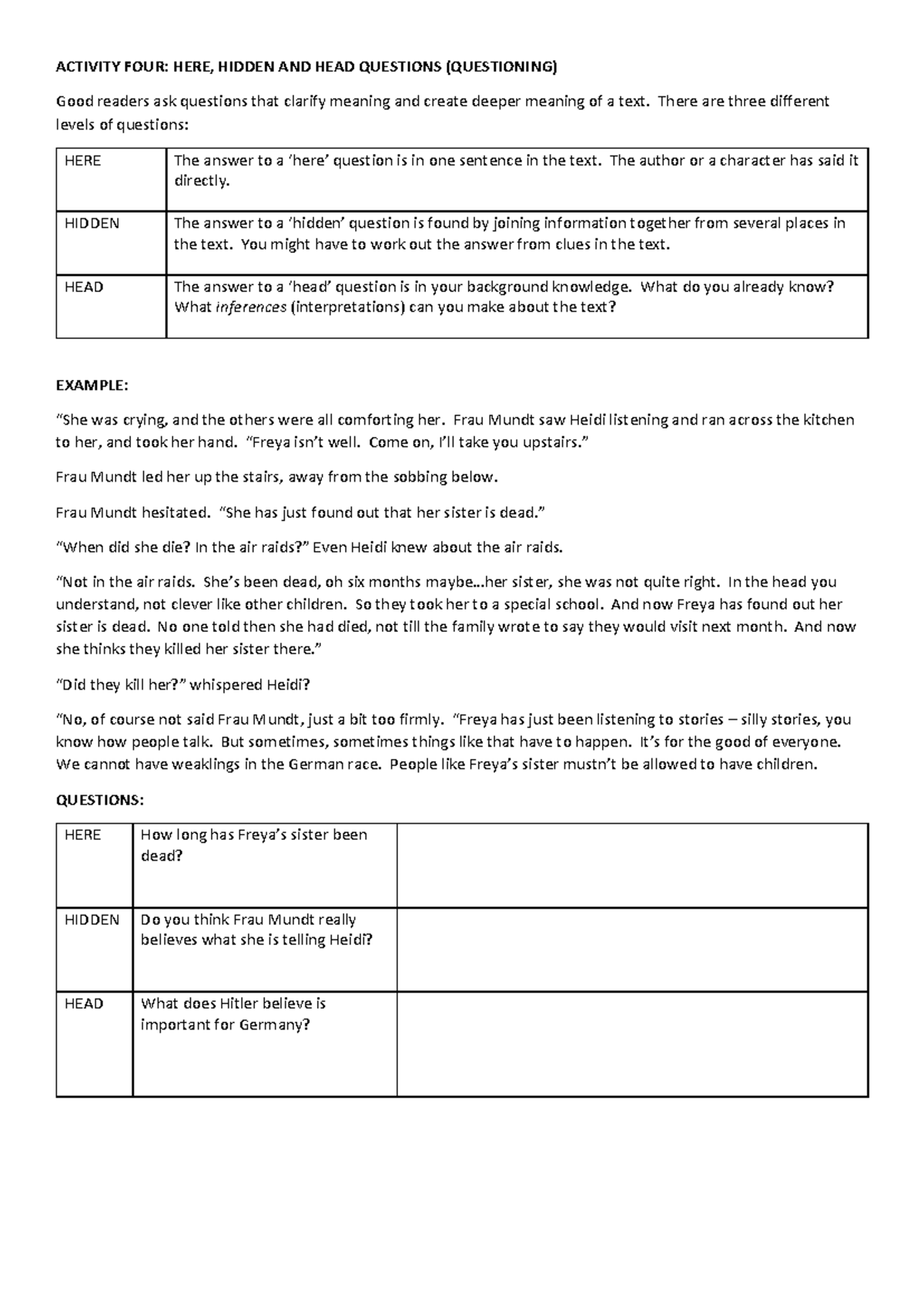 ACTIVITY FOUR: HERE, HIDDEN, HEAD QUESTIONS (QUESTIONING) - Studocu