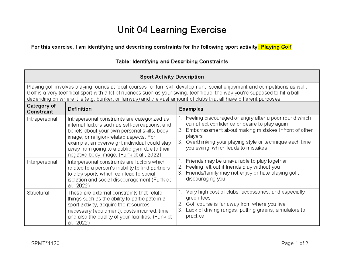 Unit 04 Learning Exercise: Identifying Constraints in Golf - Studocu