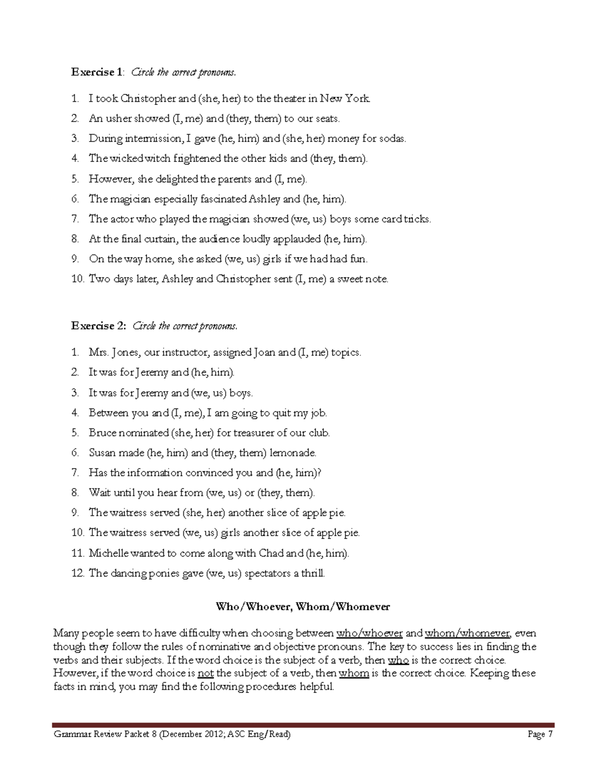 Grammar Review Packet 8: Pronouns Exercises & Guidelines - Studocu