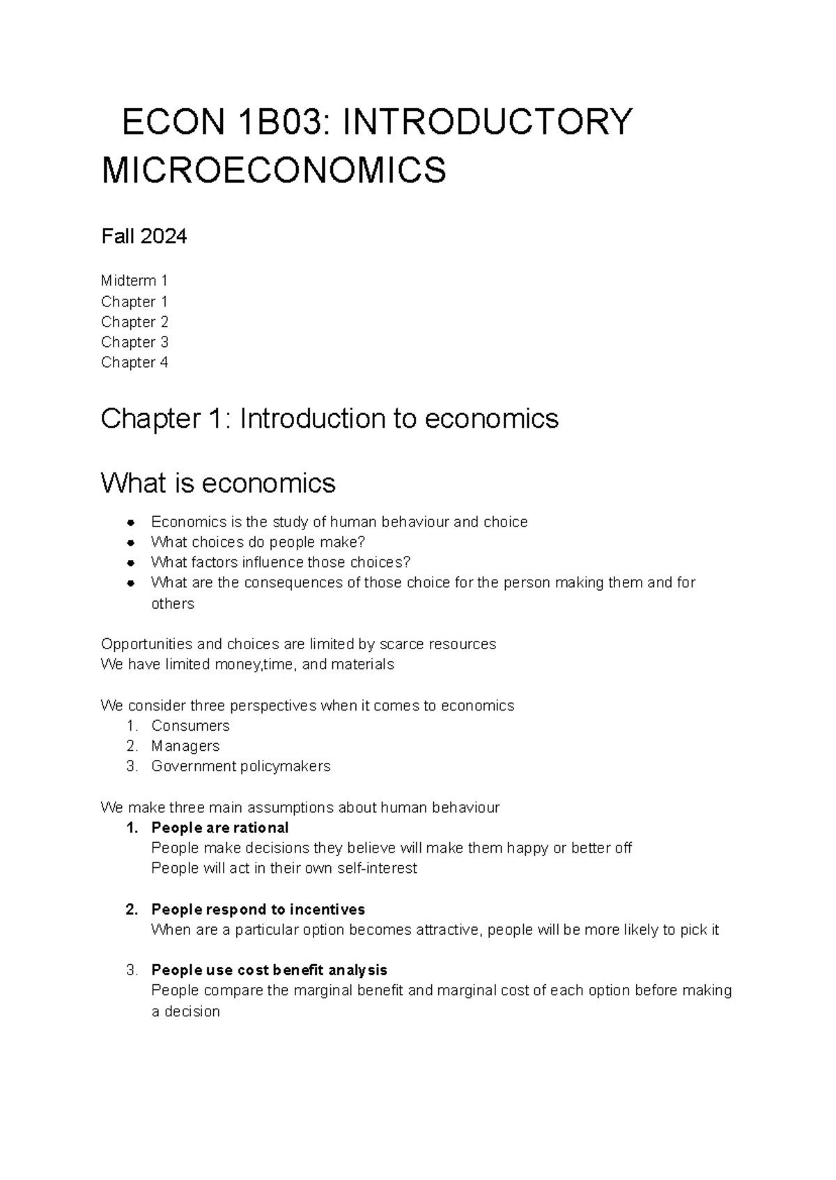 ECON 1B03: Introductory Microeconomics Fall 2024 Midterm 1 Study Guide - Studocu