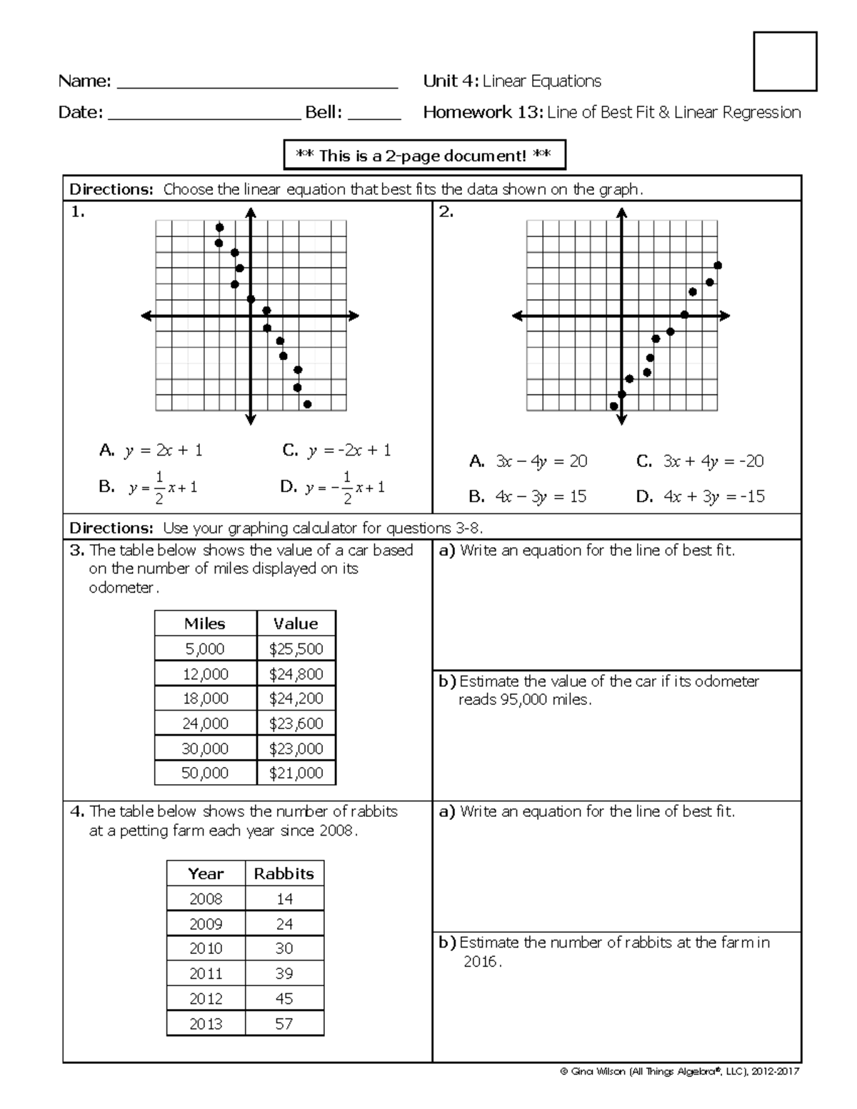 Unit 4: Linear Equations - Homework 13: Line of Best Fit - Studocu